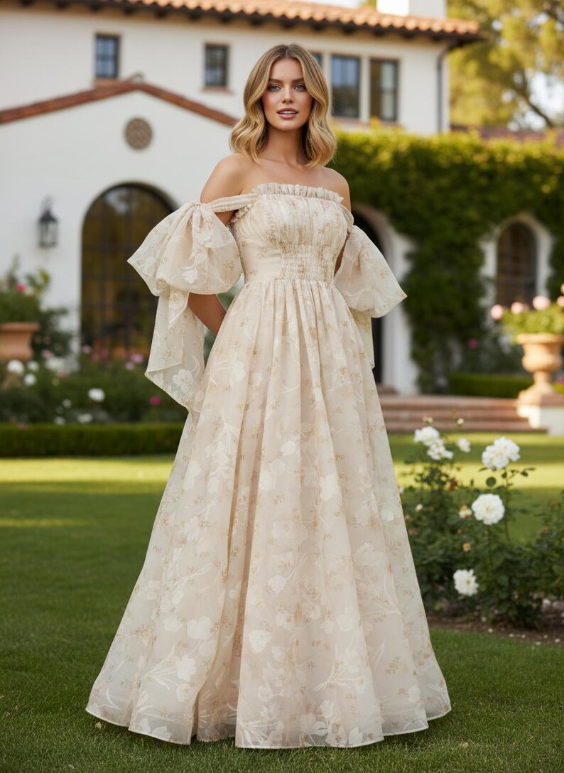 Off Shoulder Floral Maxi Dress With Ruffle Sleeves, Apricot A-line Gown ...