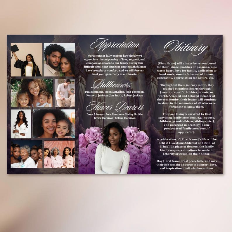 Purple Roses Funeral Program: Trifold Memorial Template (17x11 Canva ...