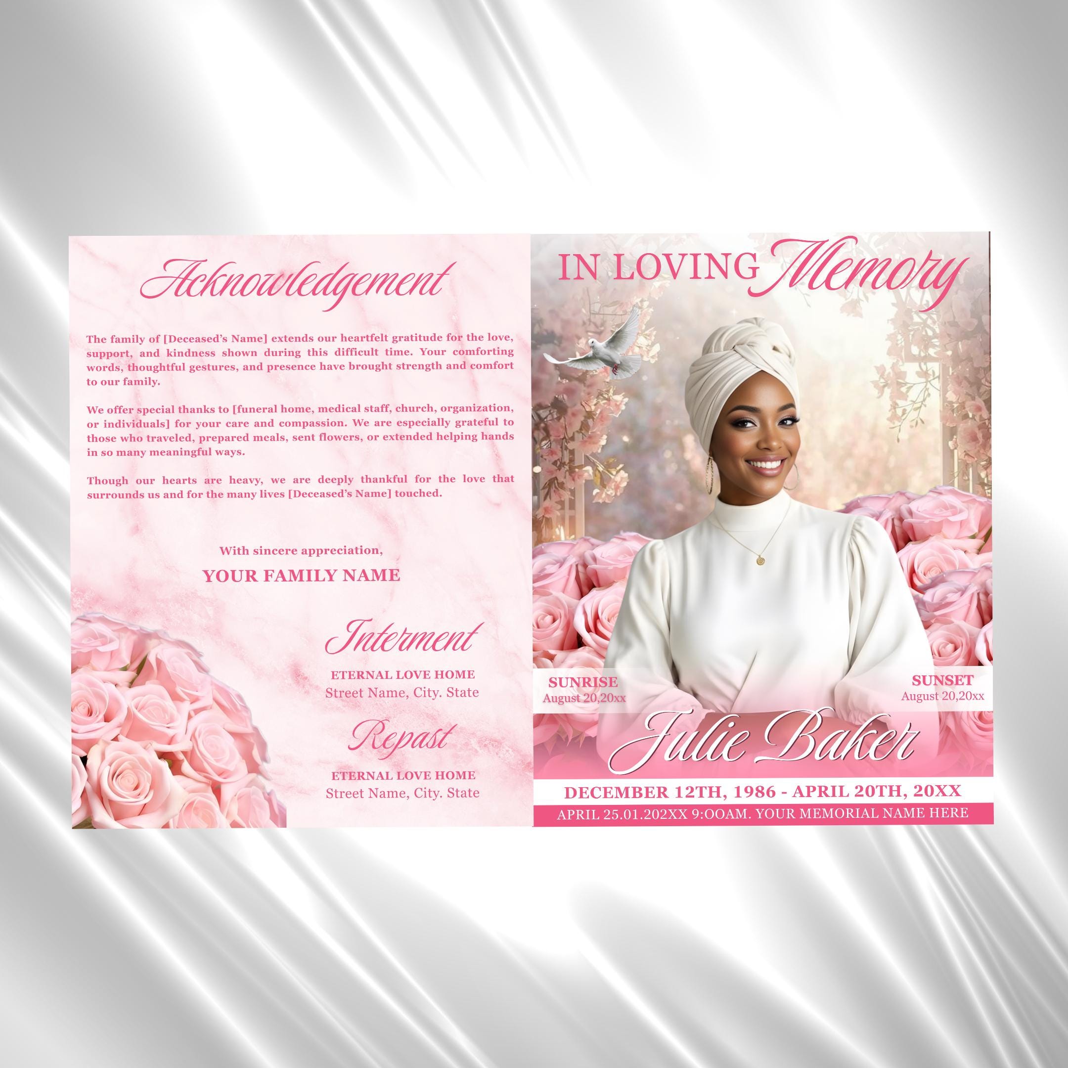 Pink & White Roses Funeral Program Template: 8-page Memorial (canva PDF ...