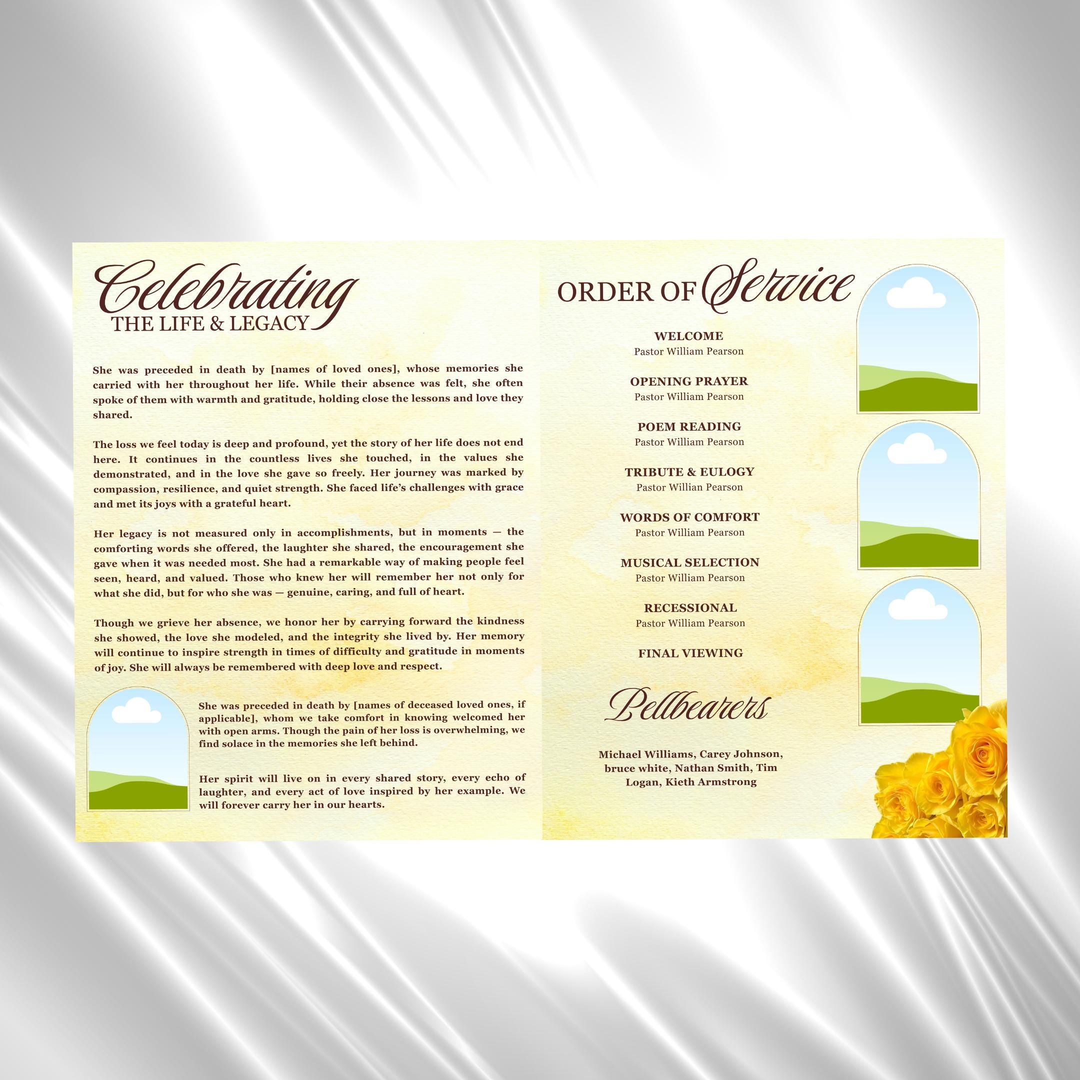Yellow & Brown Roses Funeral Program Template: 8-page Memorial (canva ...