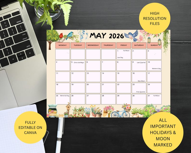 Editable May 2026 Calendar Monthly Planner for Kid School Work Office ...