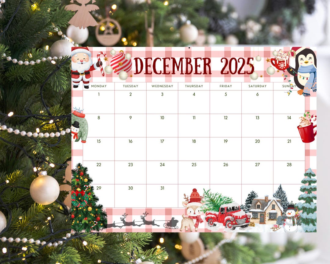 Editable December 2025 Calendar Christmas Planner Red Gingham Theme ...