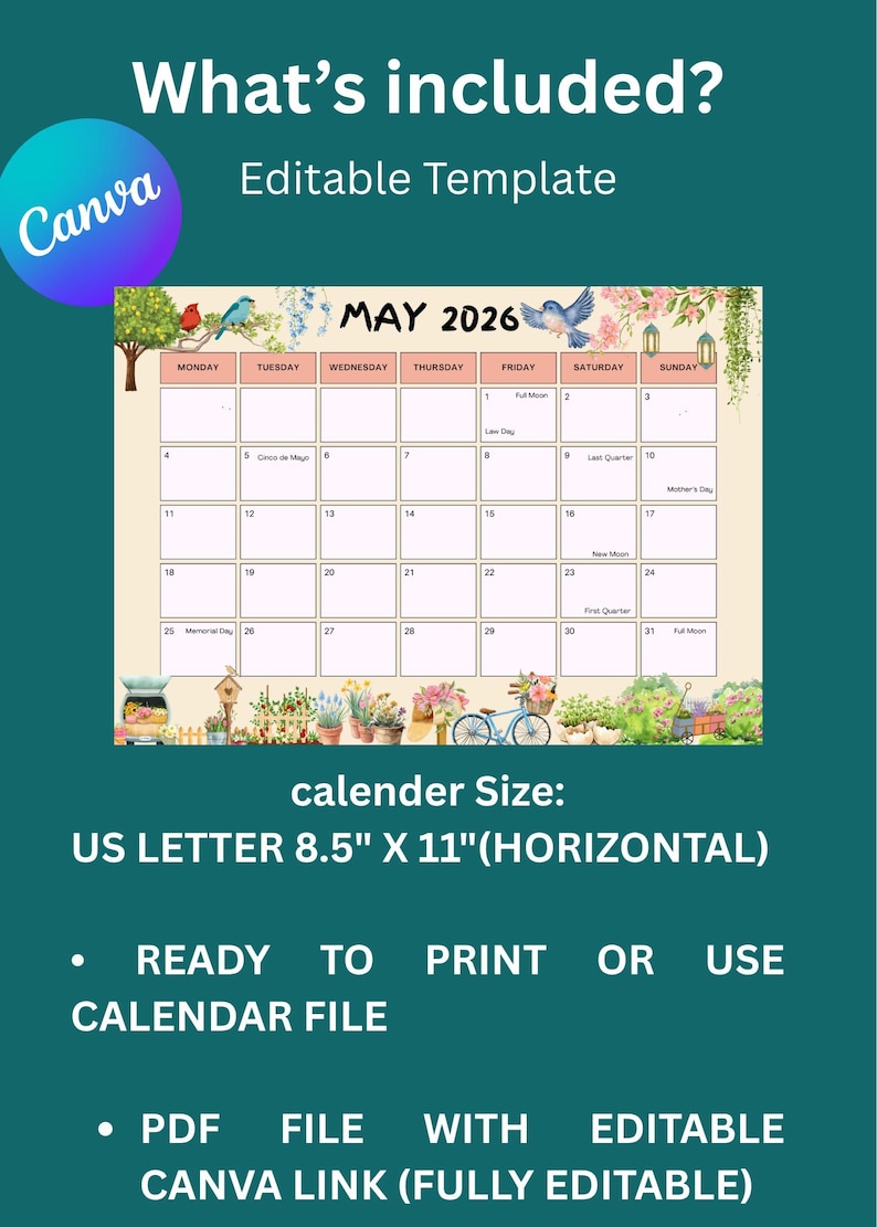 Editable May 2026 Calendar Monthly Planner for Kid School Work Office ...