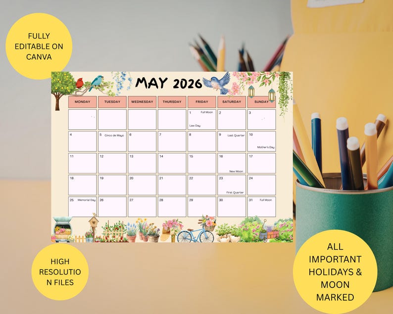 Editable May 2026 Calendar Monthly Planner for Kid School Work Office ...