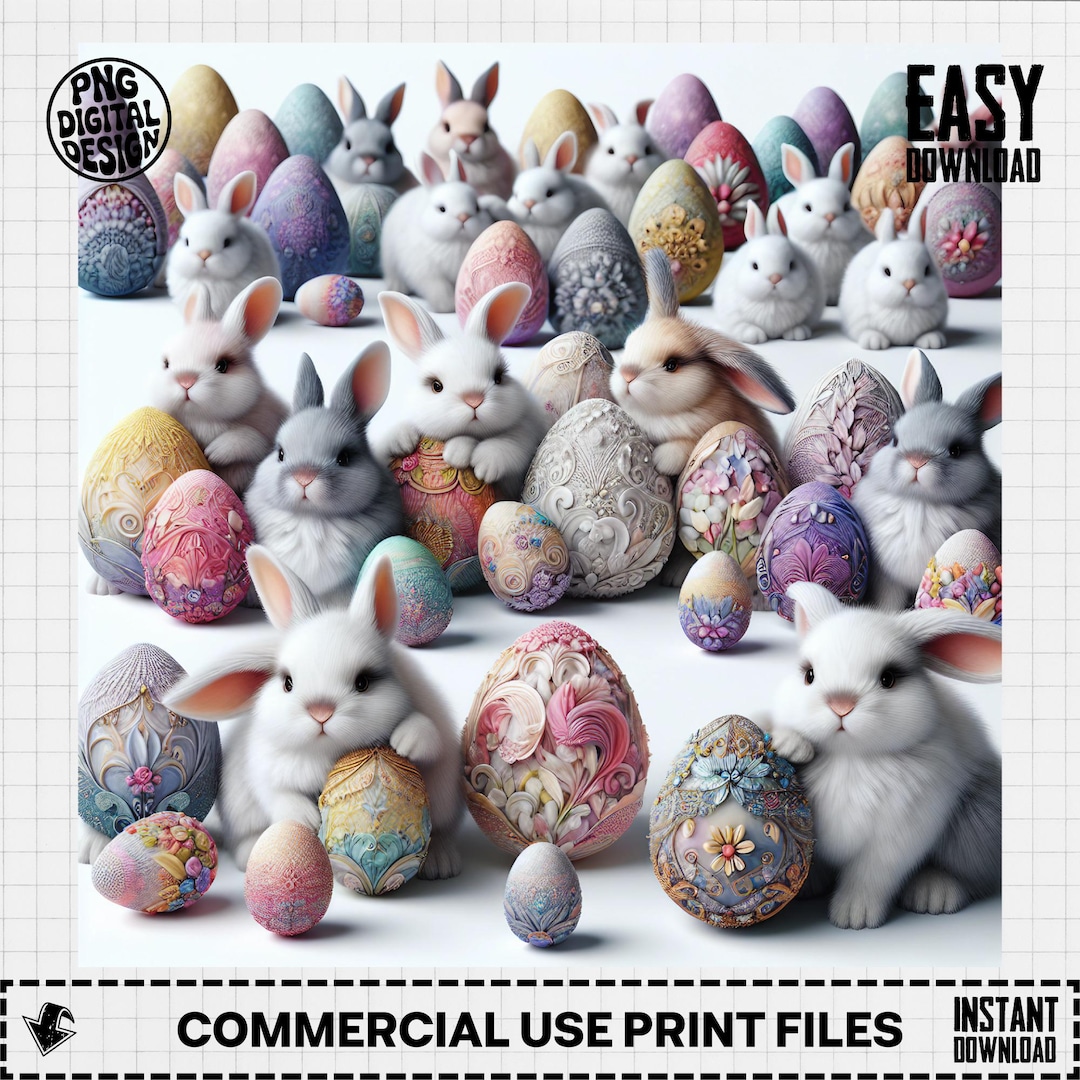 Easter Bunny Digital Clipart PNG, Fluffy Bunnies Ornate Eggs Bundle ...