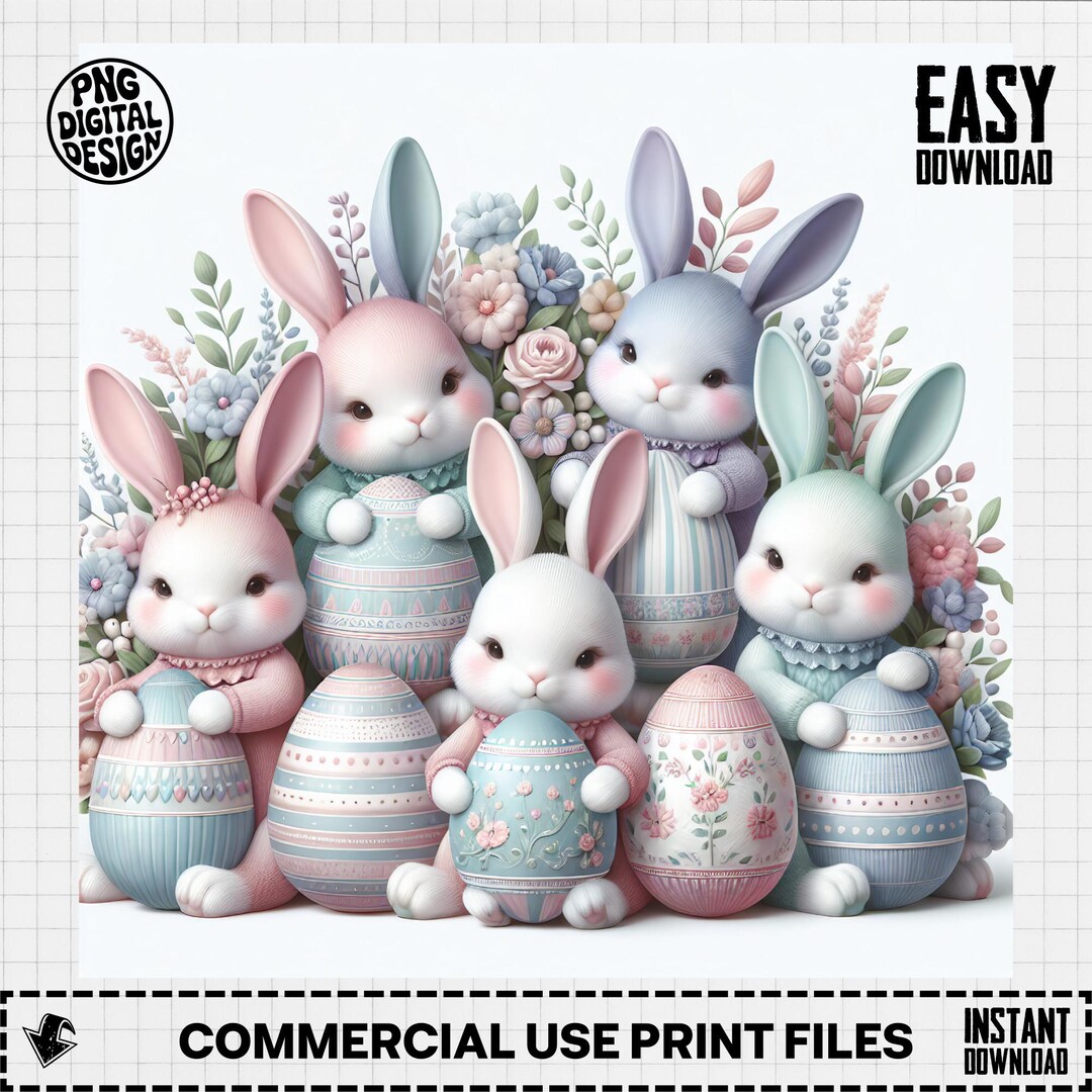 Pastel Easter Bunny Clipart, Cute Spring Digital Art, Whimsical Bunnies ...