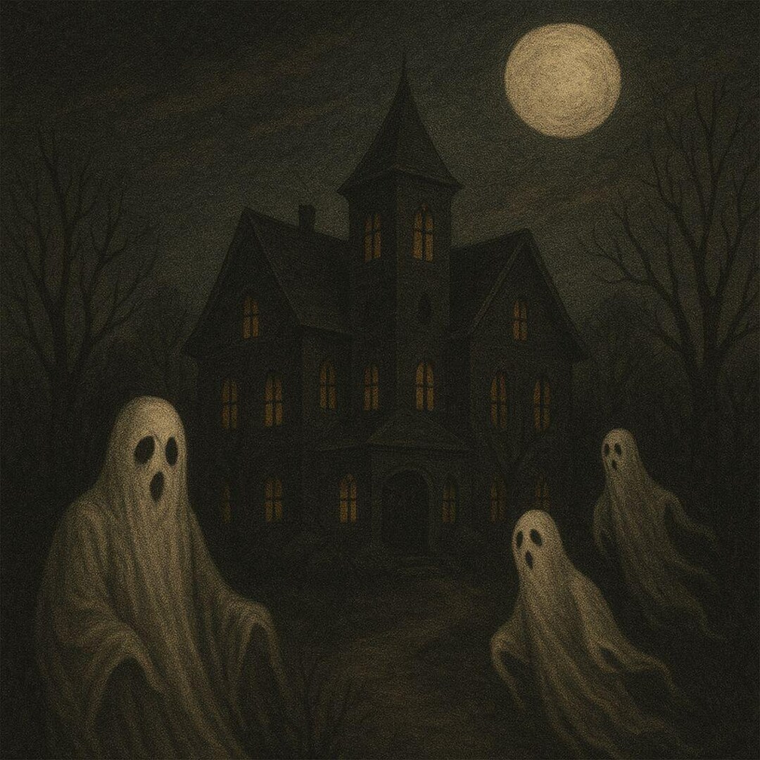 Haunted House With Ghosts & Full Moon | Spooky Halloween Digital ...