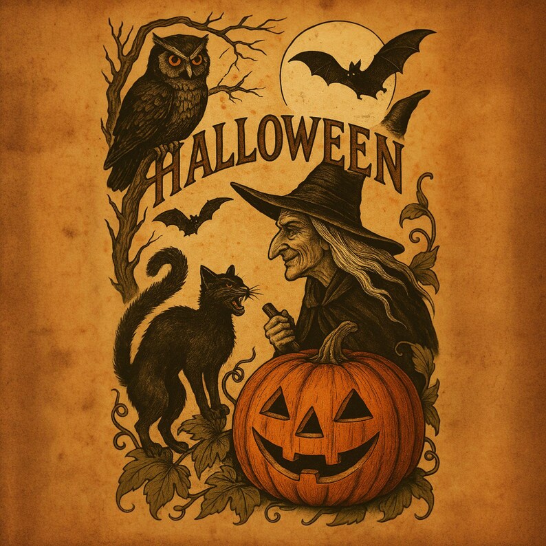 Halloween Pumpkin With Witch, Cat, Owl & Bat | Spooky Digital Download ...