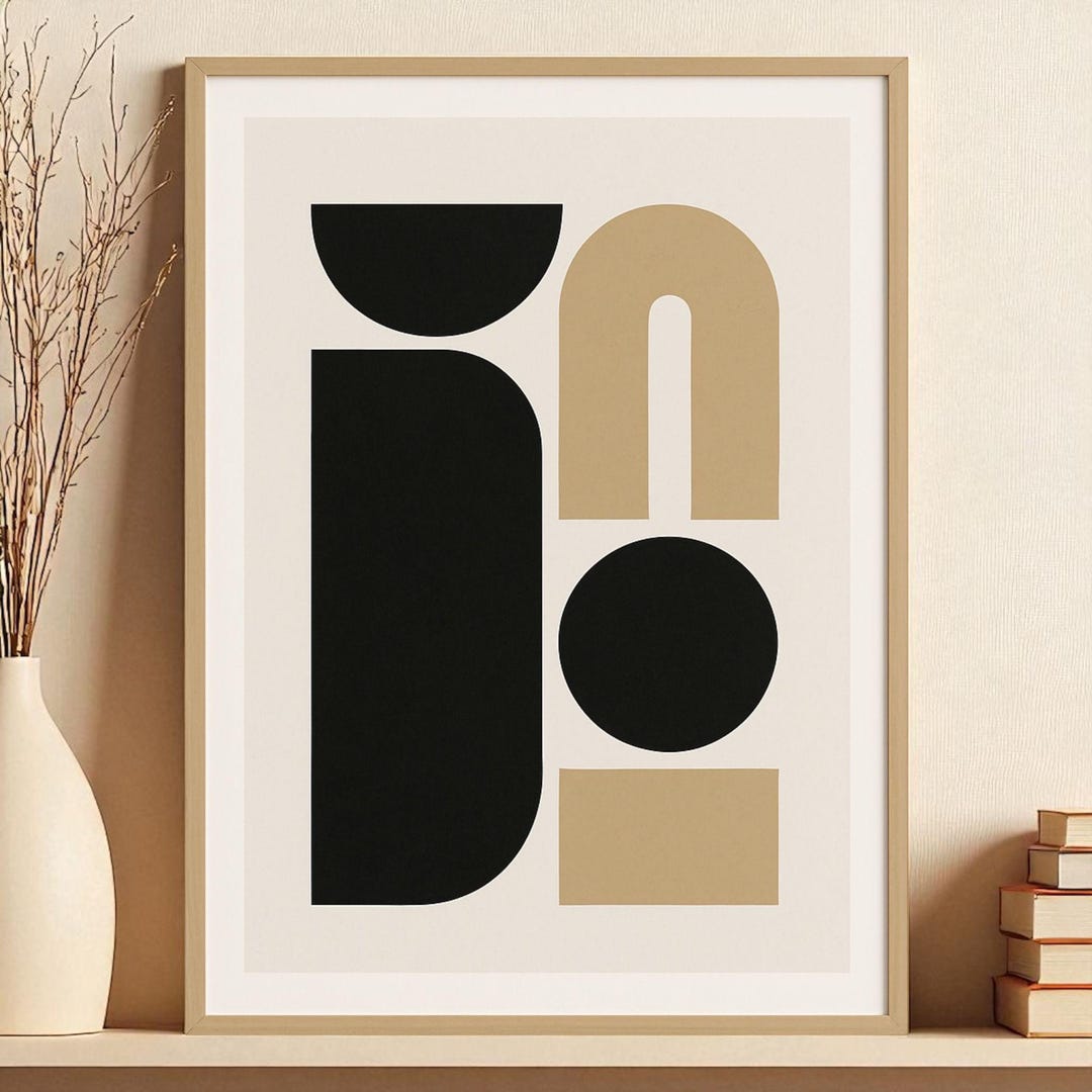 Mid Century Modern Geometric Wall Art | Beige & Black Abstract Shapes ...