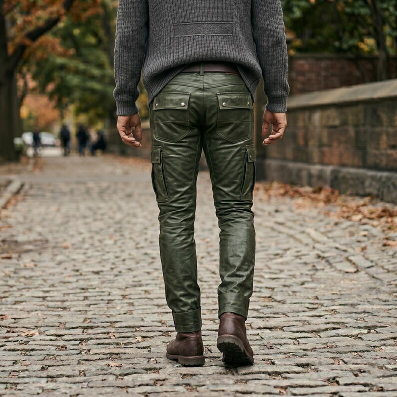Herren Grün-Leder Cargo-Hose, Echt-Leder Cargo-Hose Herren, Olive ...