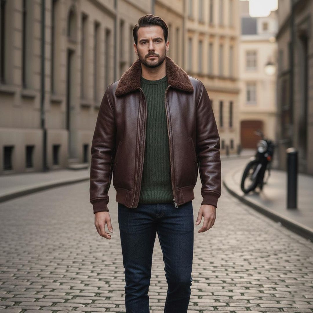 Men's Dark Brown Genuine Leather Bomber Jacket, Chocolate Faux Fur ...