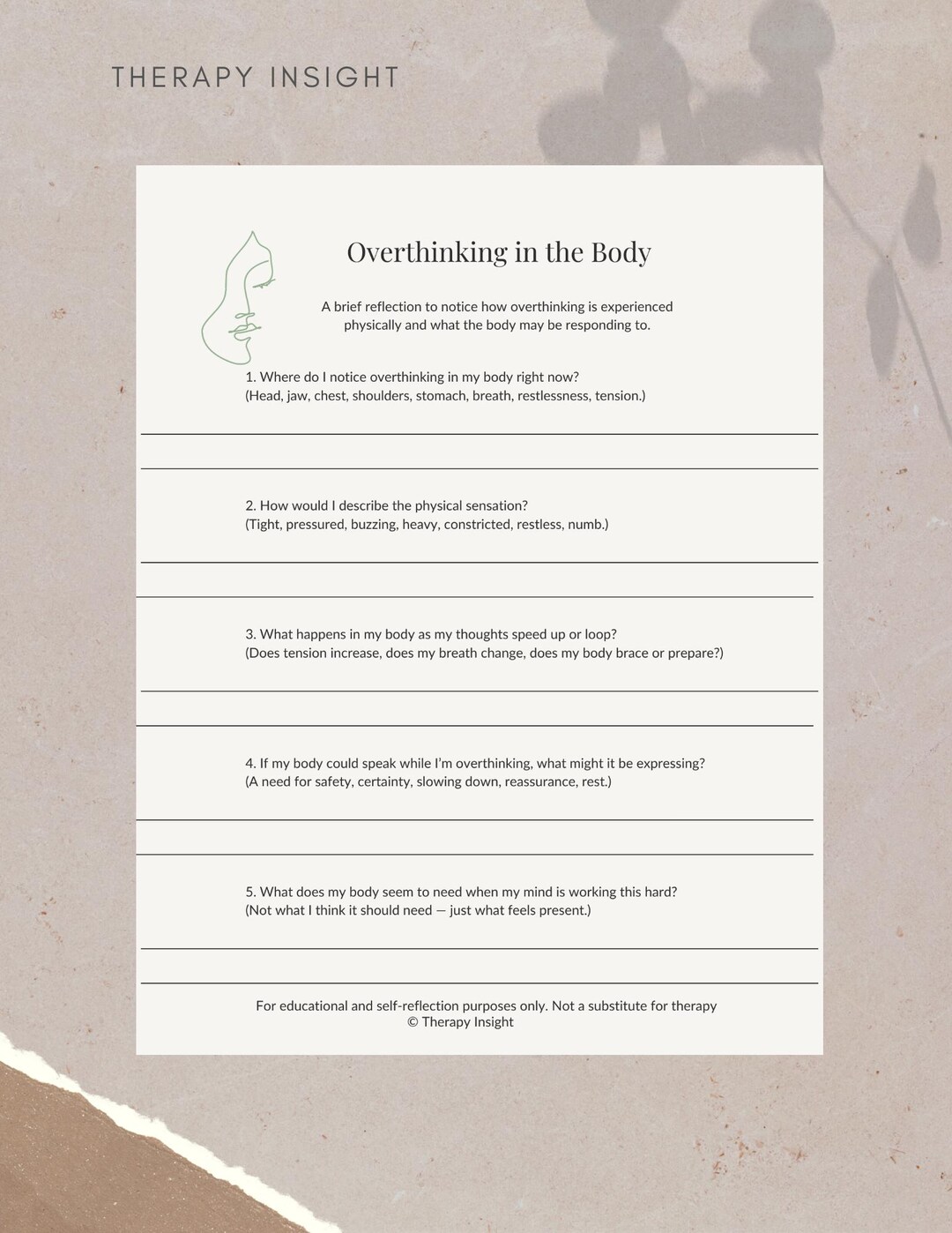Overthinking in the Body Worksheet | Anxiety & Somatic Awareness ...