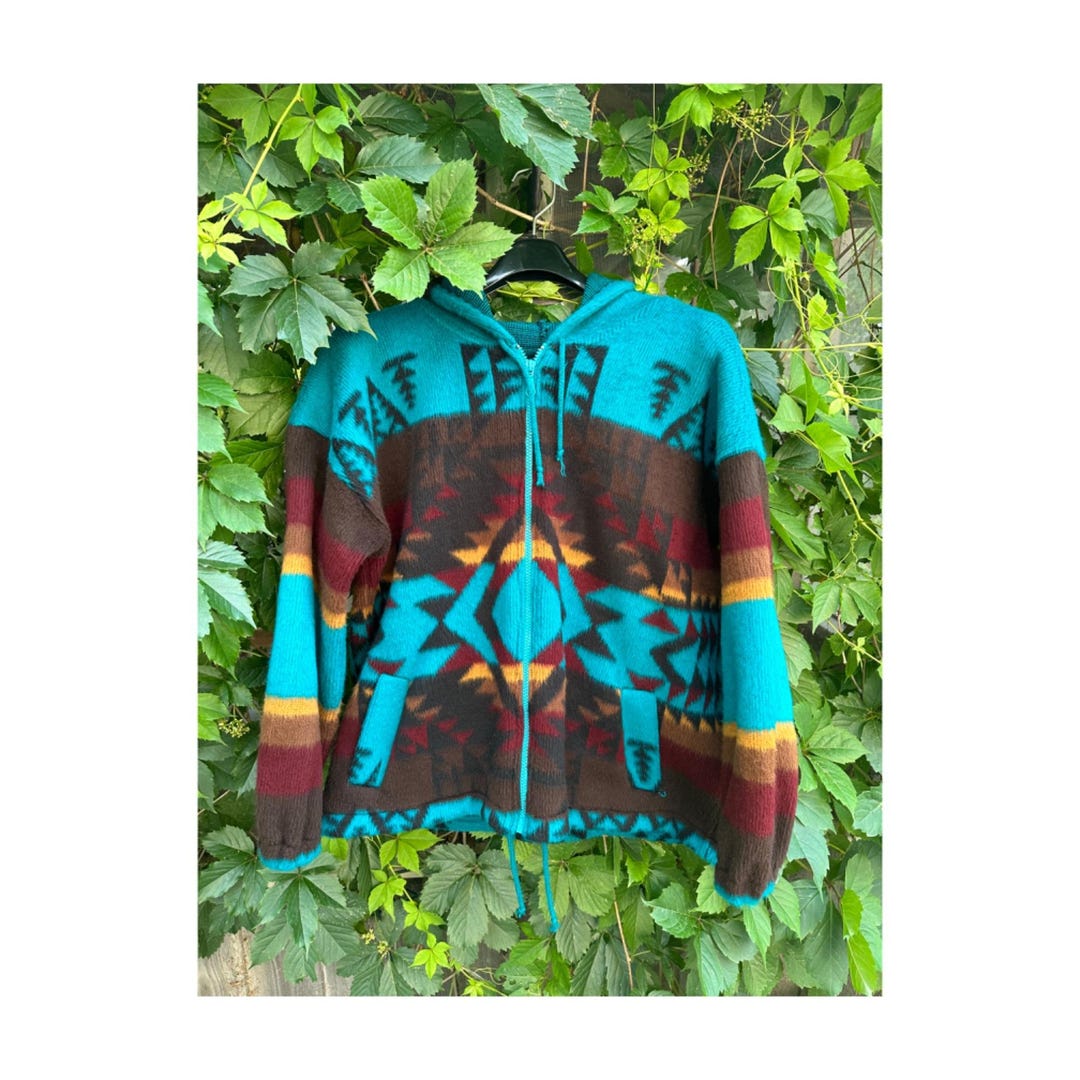 Aztec Wool Blanket Jacket Native Artesanias Tuntaquimba Ecuador Hooded ...