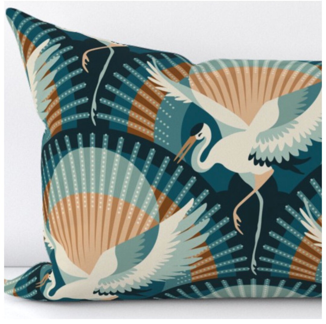 Plush Velvet Golden Sunrise Cranes Herons Birds Teal Pillows ...