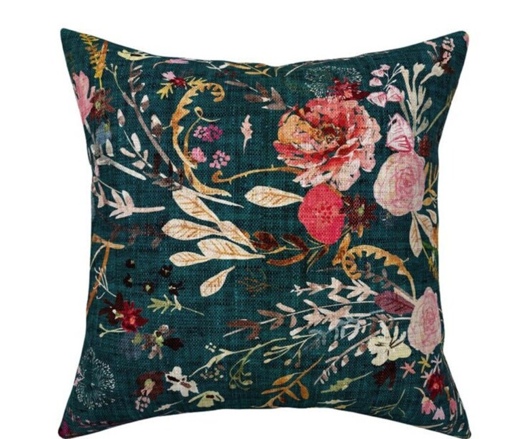 Plush Velvet Teal Autumn Fable Florals Wildflowers Pillows Charcoal ...