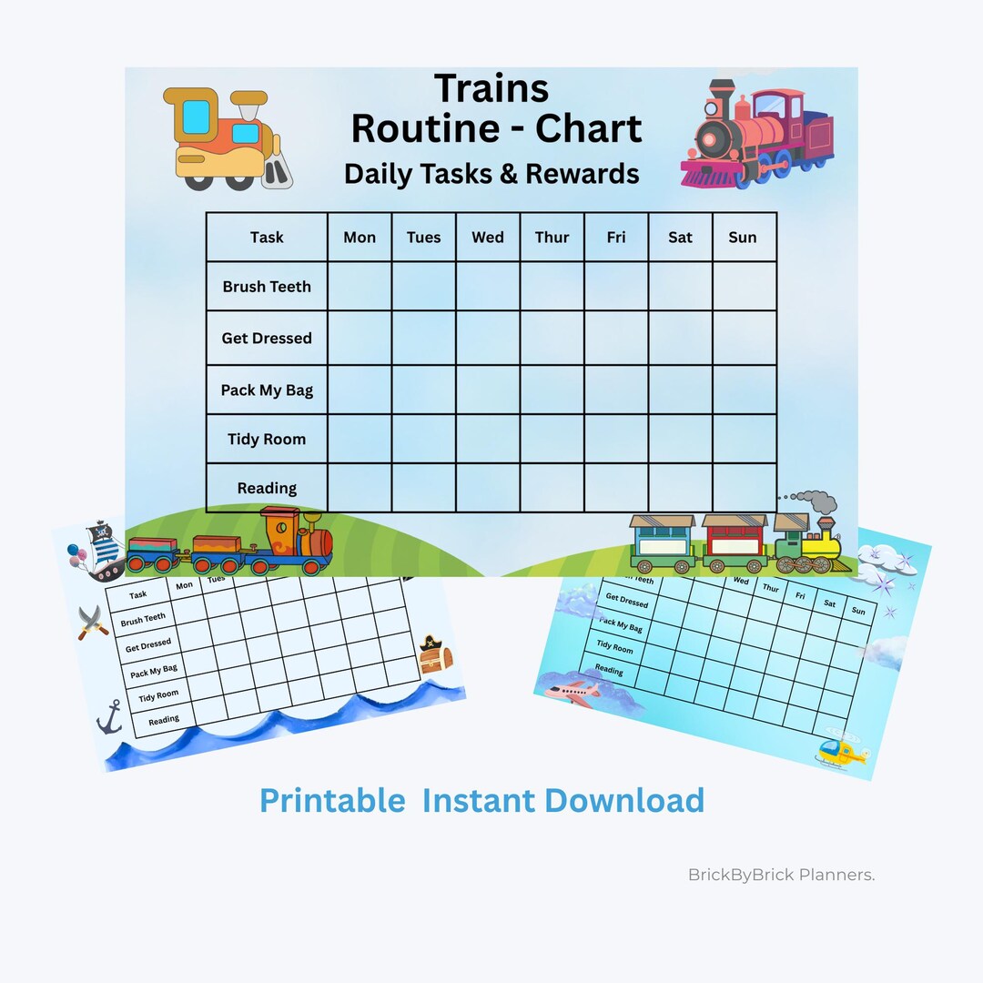 Kids Routine Chart Printable Bundle – Plane Train Pirate, Chore Chart ...