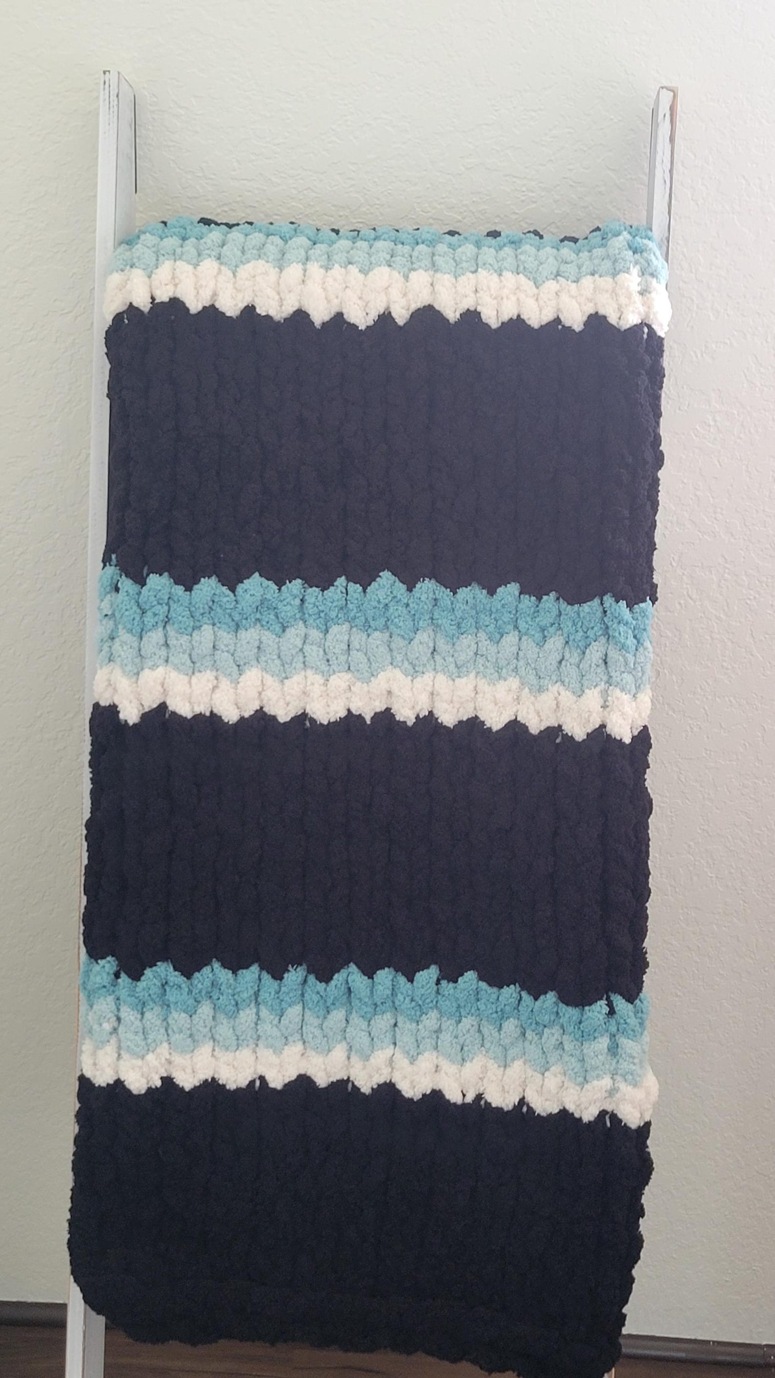 Black, Blue & Ivory Chunky Throw Blanket - Hand Crocheted - Extremely ...