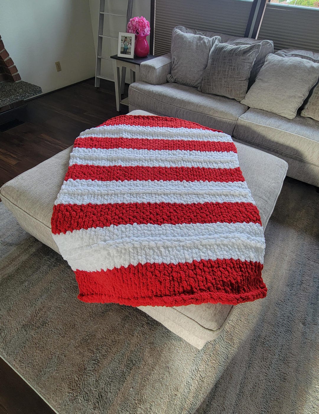 Red & White Chunky Throw Blanket - Hand Crocheted - Extremely Soft ...