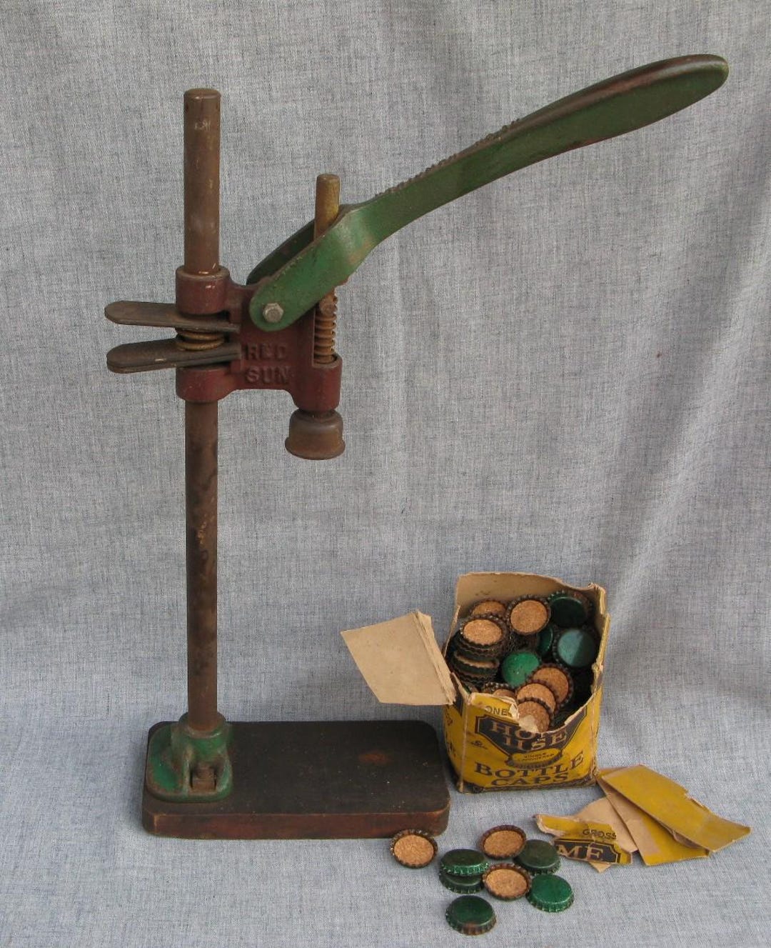 Vintage Antique Triumph Cast Iron Bottle Capper With Box of Bottle Caps ...