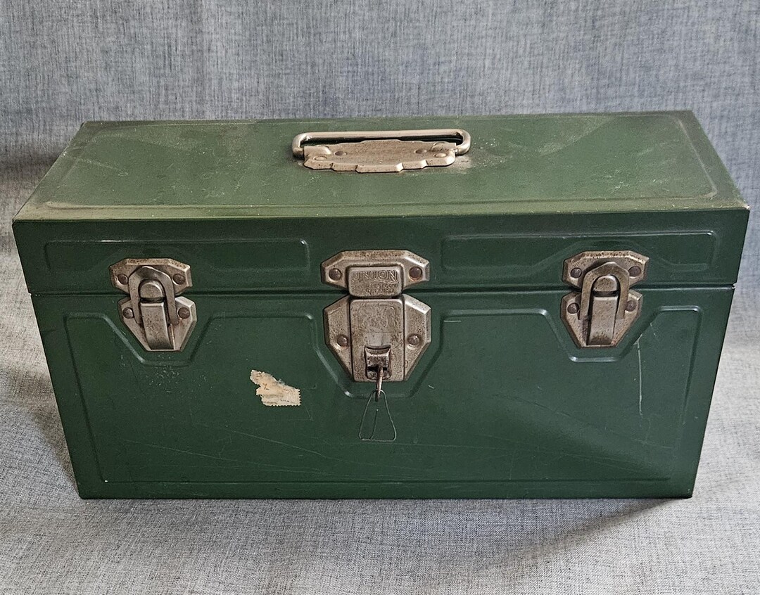 Vintage Union Utility Chest Steel Box W/ Key Green Paint 1940's Toolbox ...