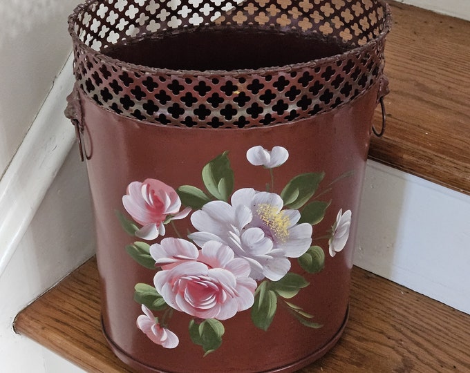 Vintage Tole Toleware Trash Can Wastepaper Basket Cottage Chic Floral ...