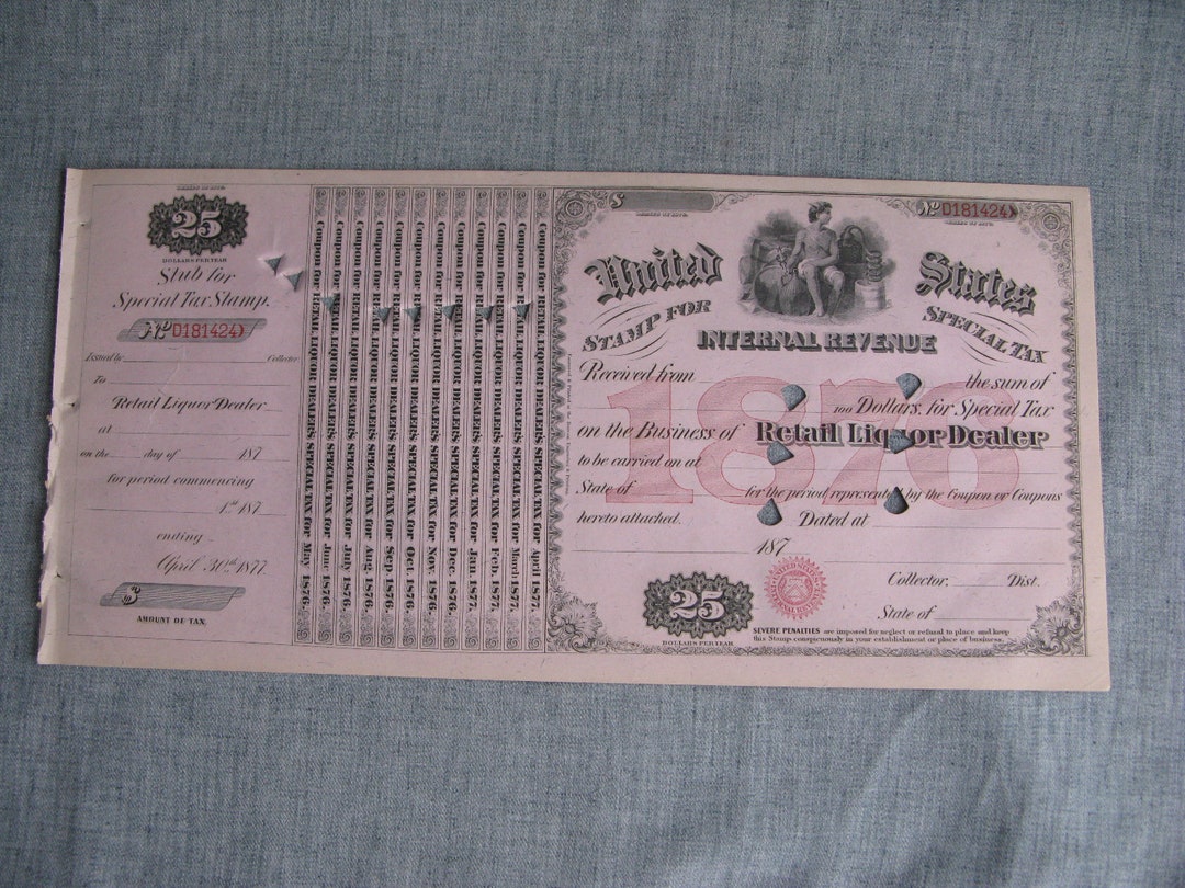Vintage Whiskey Dealer Tax Stamp 1876 Retail Liquor Dealer Bar Civil ...