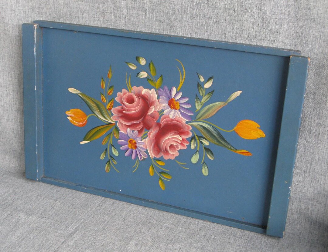 Vintage Wood Tole Toleware Tray Beautiful Blue With Pink Cabbage Roses ...