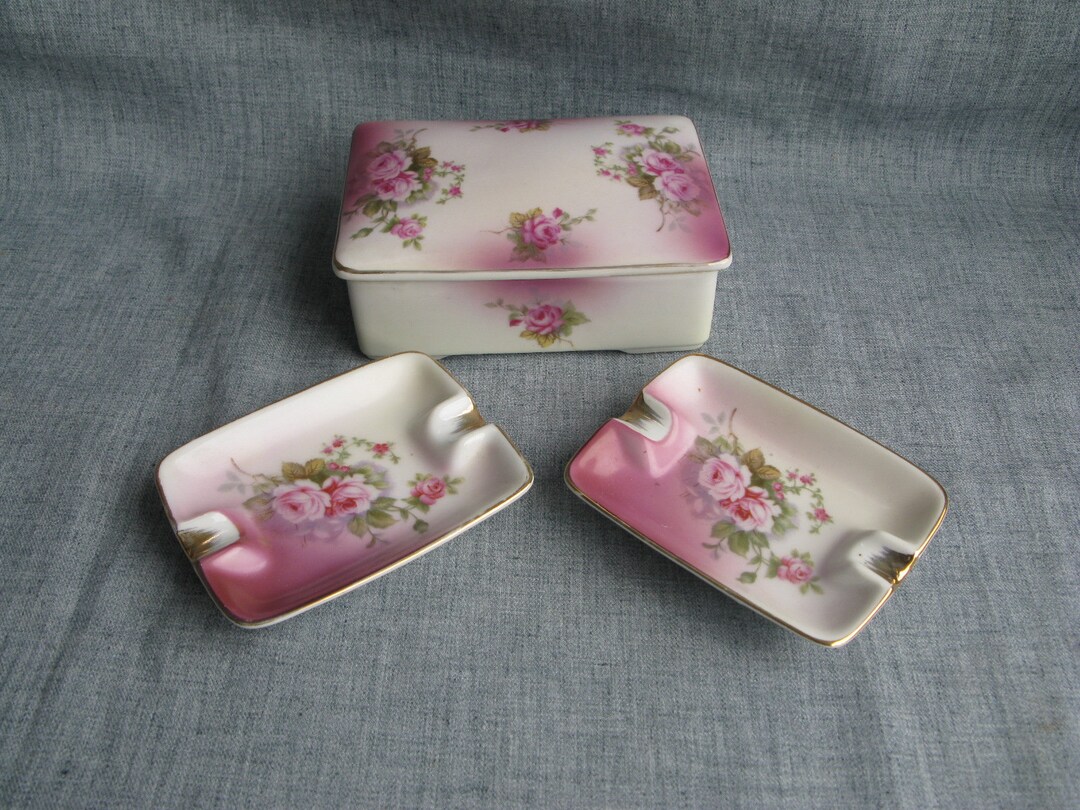 Vintage Lefton China Porcelain Cigarette Box 2 Ashtrays Set Hand ...
