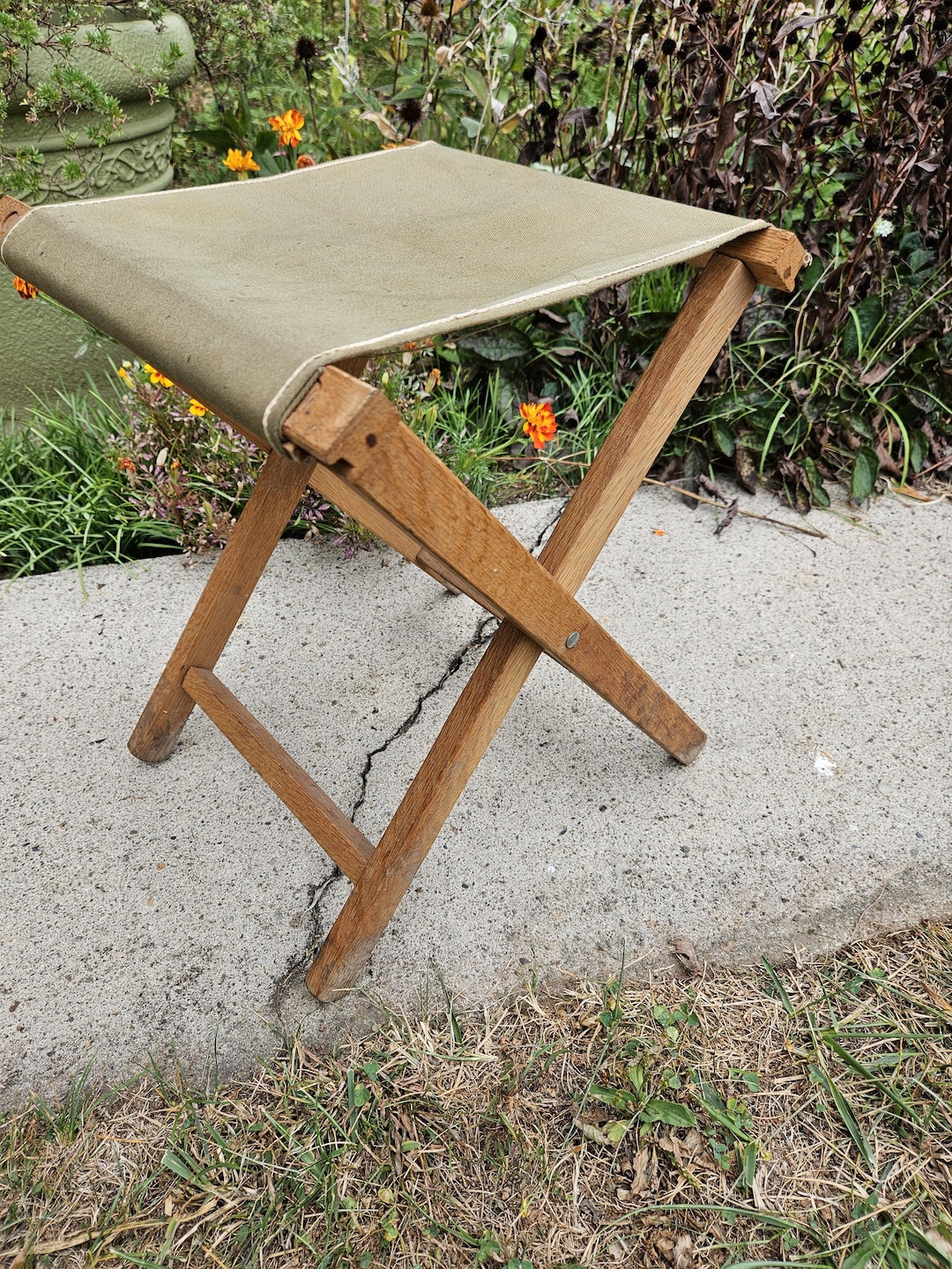 Vintage Stool Wood Folding Stool Camp Fishing Stool Canvas or Fabric ...