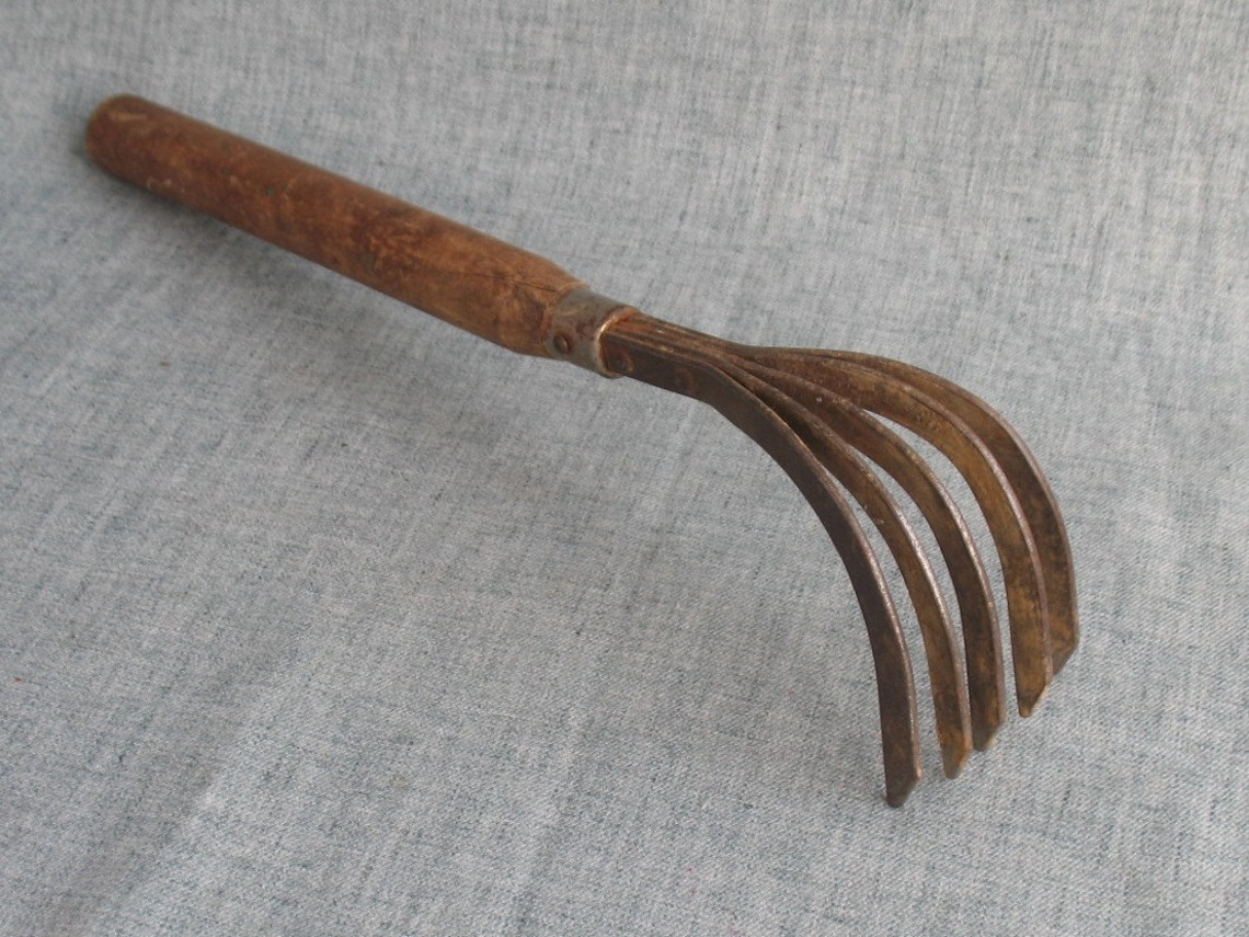 Vintage Garden Rake 5 Prong Cultivator Hand Tool Wood Handle | Etsy