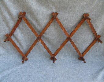 Vintage Wood Expandable Accordion Coat Hat Wall Rack 10 Pegs Mug Holder ...