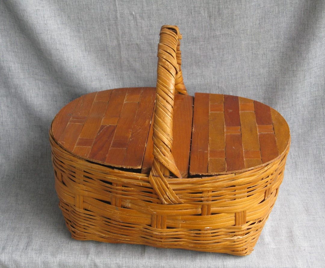 Vintage Bamboo Splint Weave Picnic Basket With Dual Opening Top Inlaid ...
