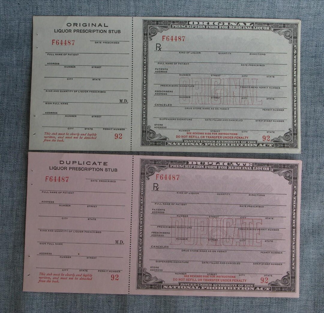 Vintage Pharmacy Prohibition Whiskey Prescription Original & Duplicate ...