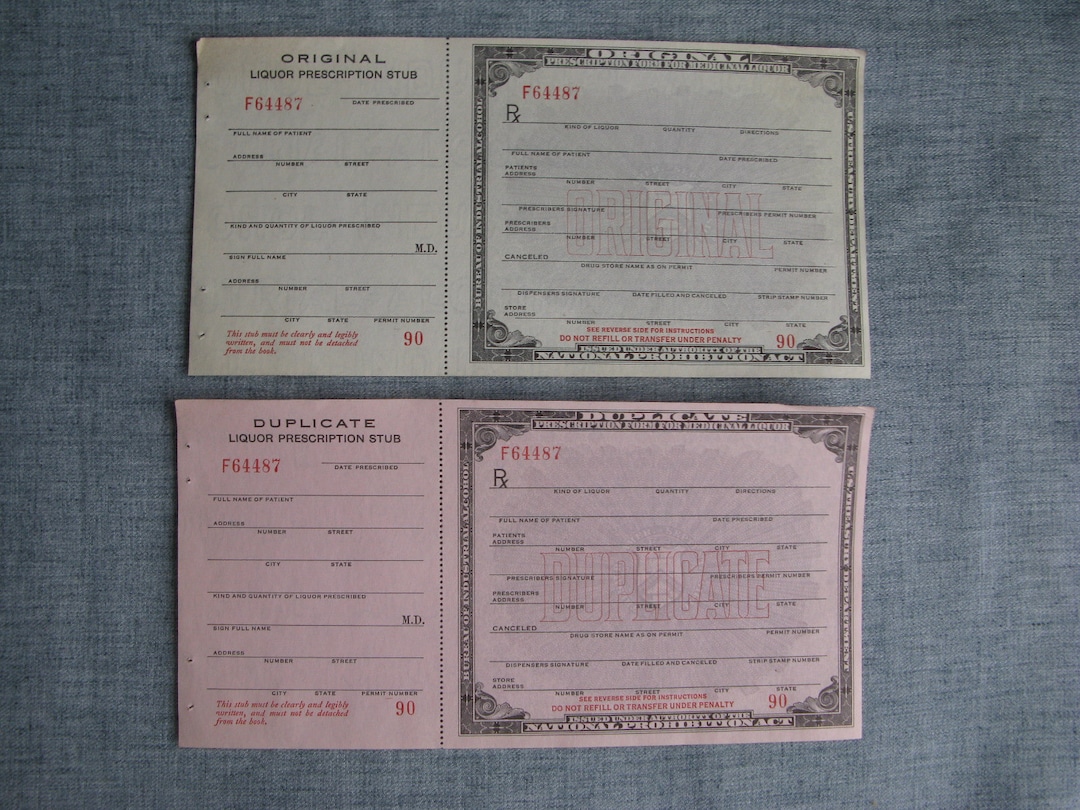 Vintage Pharmacy Prohibition Whiskey Prescription Original & Duplicate ...