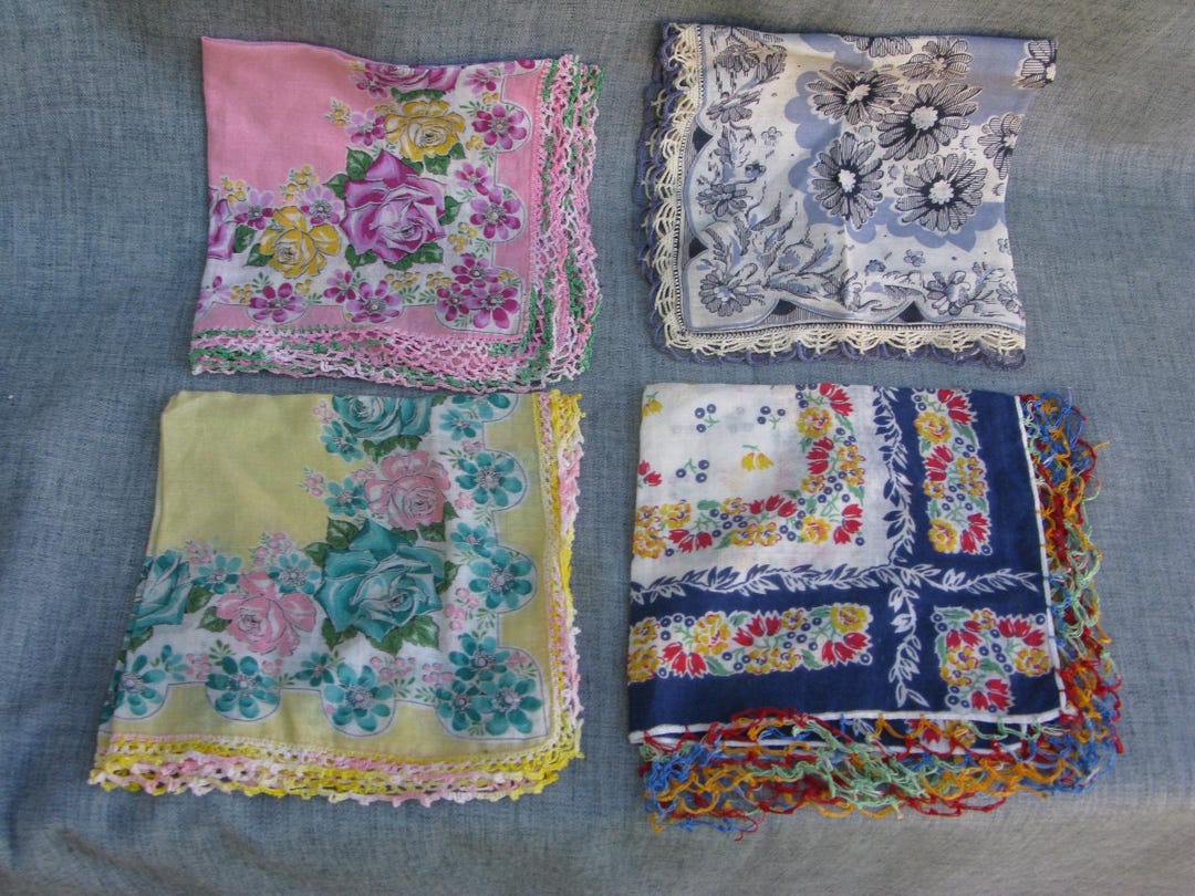 4 Vintage Hanky Hankie Handkerchief Crochet Tatting Florals Roses Home ...