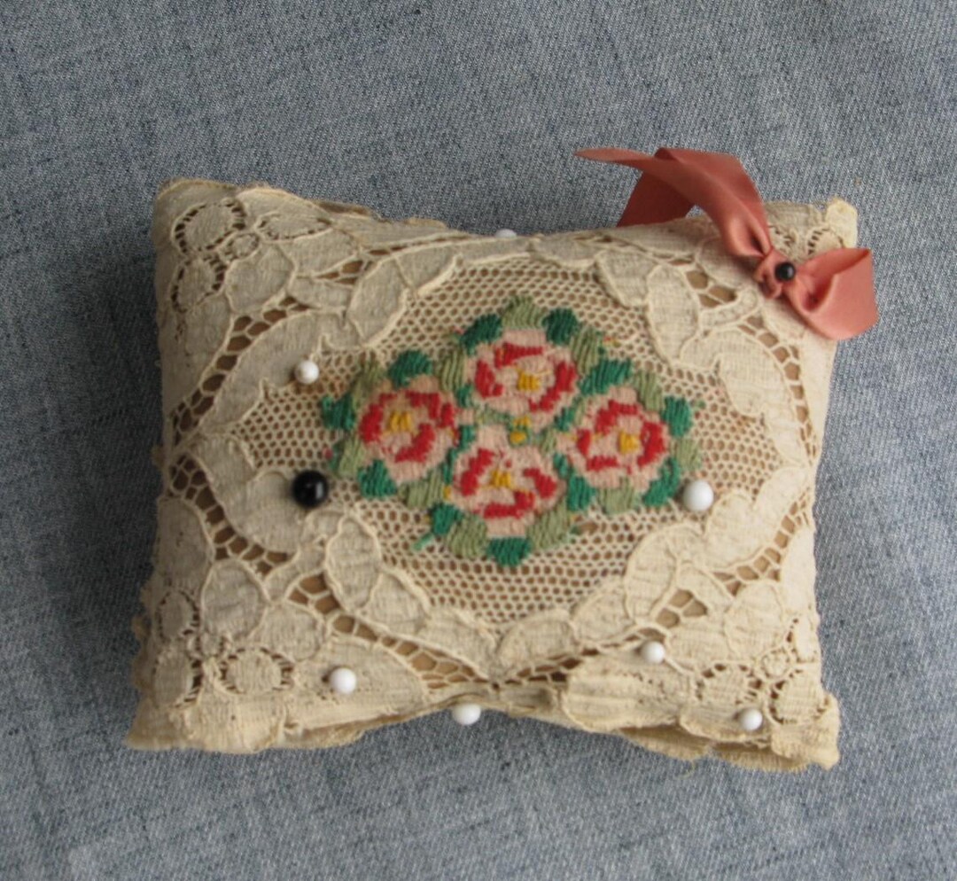 Vintage Antique Victorian Pin Cushion Lace Covering Sawdust Filling ...