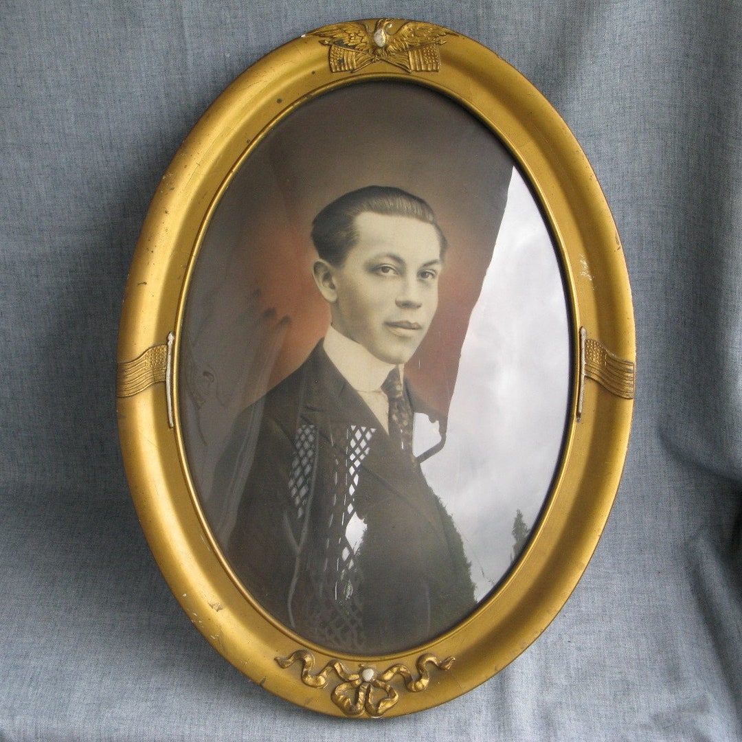 Antique Vintage Convex Oval Wood Picture Frame Eagle & Flags Patriotic ...