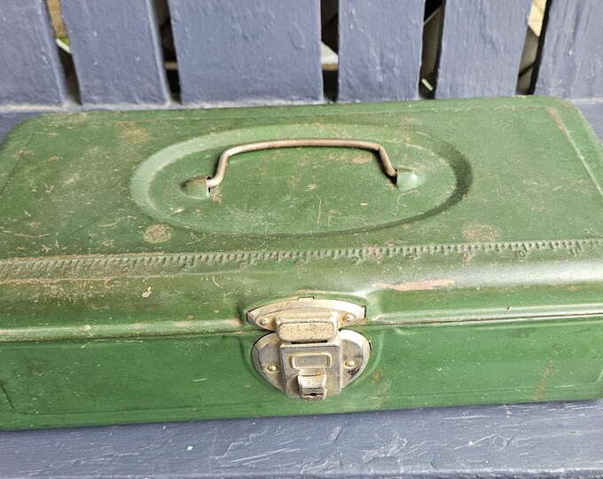 Vintage Tackle Box Toolbox Embossed Ruler on Lid Green Fishing Tackle ...