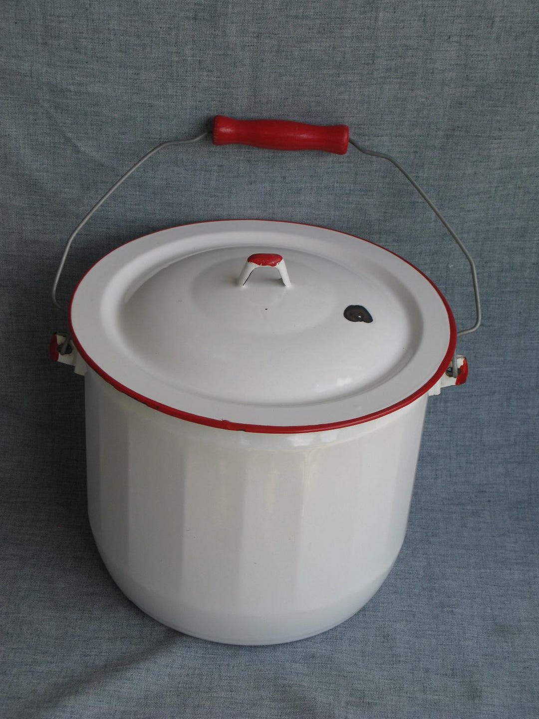 Vintage Enamelware Diaper Pail Chamber Pot With Lid Wood Metal Bail ...