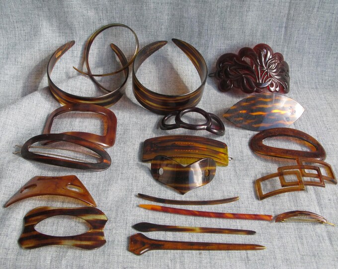 19 Piece Vintage Tortoise Shell Hair Accessories Barrettes Hair Buns ...