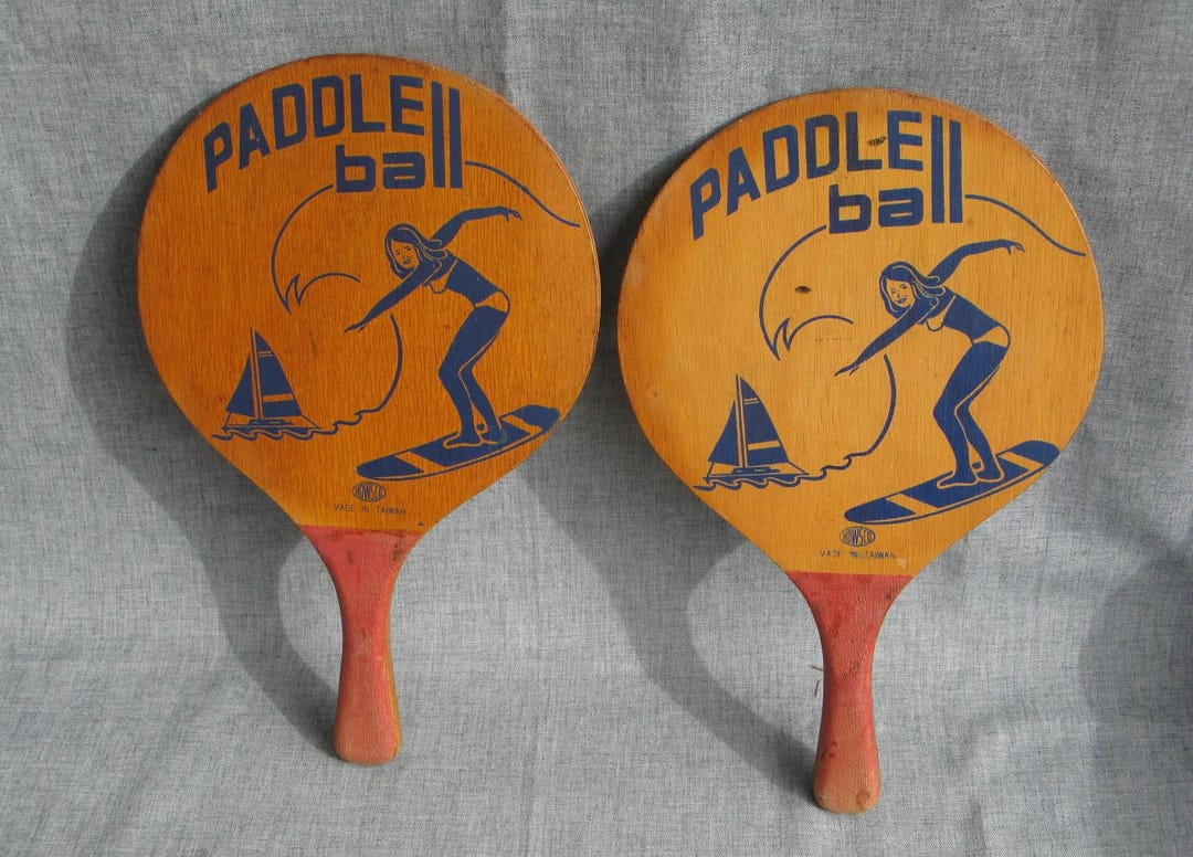 Vintage SET Paddle Ball Wood Paddles Surfer Girl Graphics Pickleball ...