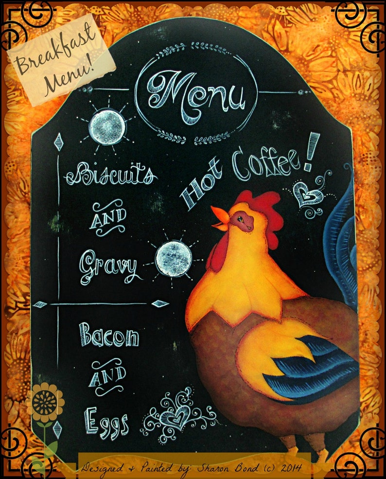 E Pattern Breakfast Menu Chalkboard Type Lettering And Rooster Ready To Start The Day