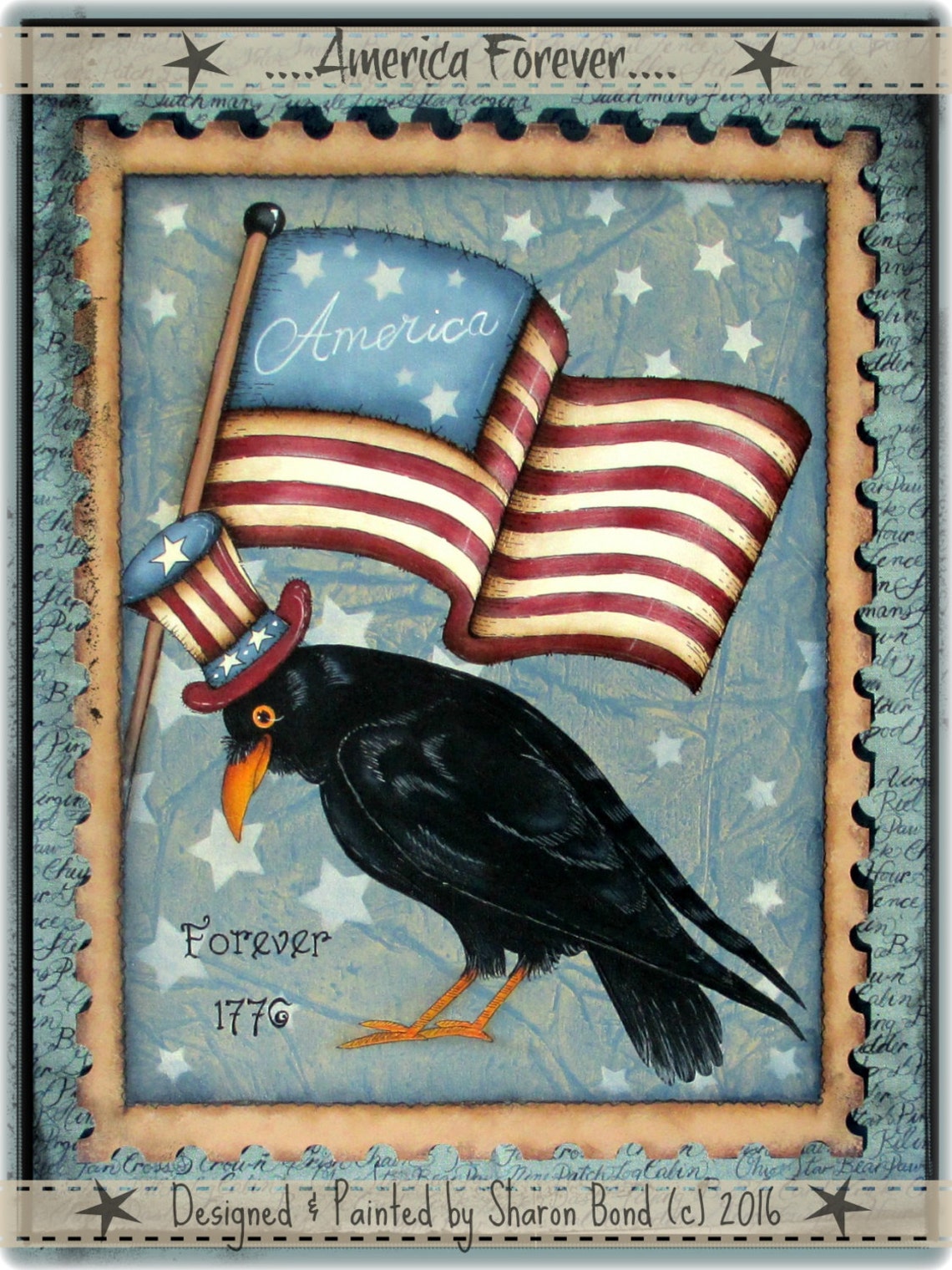 America Forever! Postage Stamp Look With Flag, Stars & Crow! Americana ...