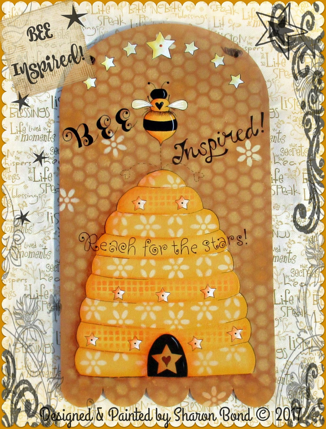 E PATTERN - Bee Inspired - Bee Skep With Bumble Bee and Stars - Painted ...