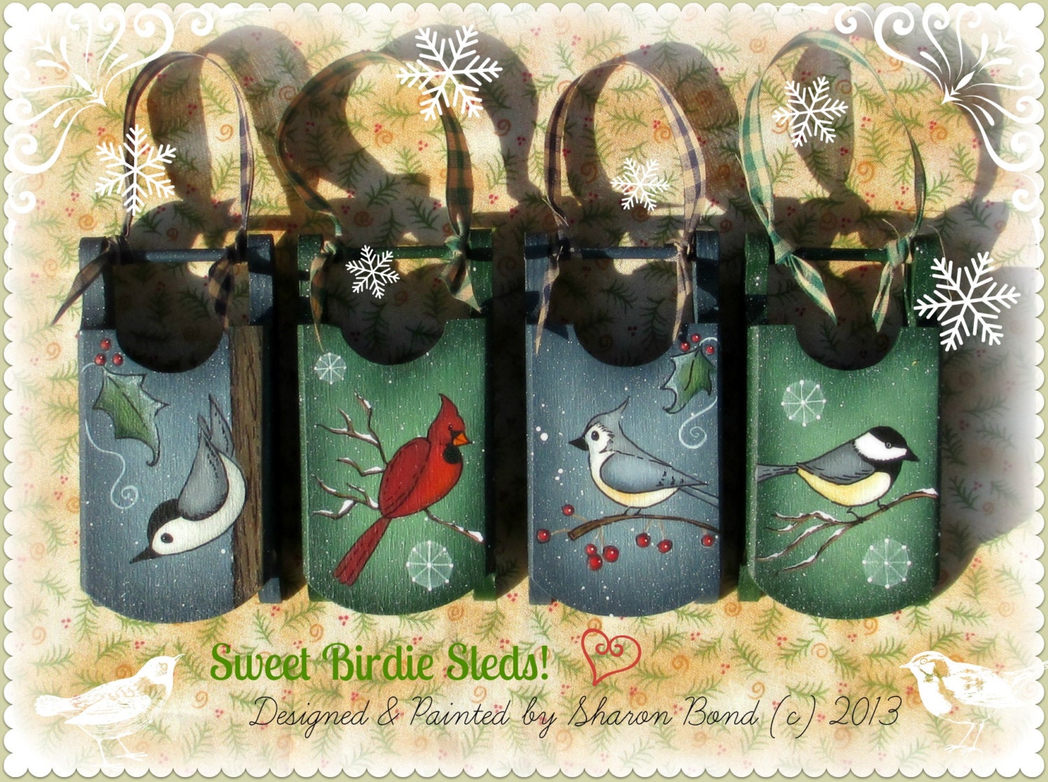E PATTERN - Sweet Birdie Sleds! 4 Bird Designs for Ornaments, Tags, Etc ...
