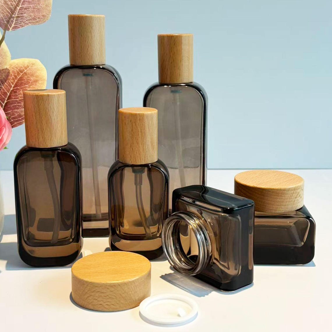 Clear Brown Cosmetic Packaging Set With Natural Wood Cap, Glass ...
