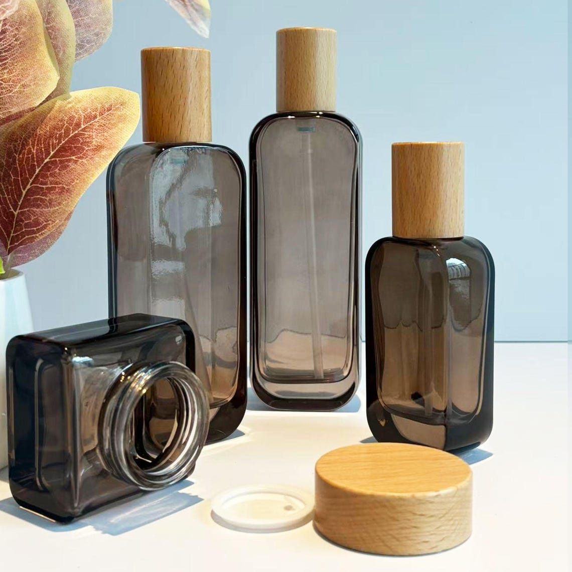 Clear Brown Cosmetic Packaging Set With Natural Wood Cap, Glass ...