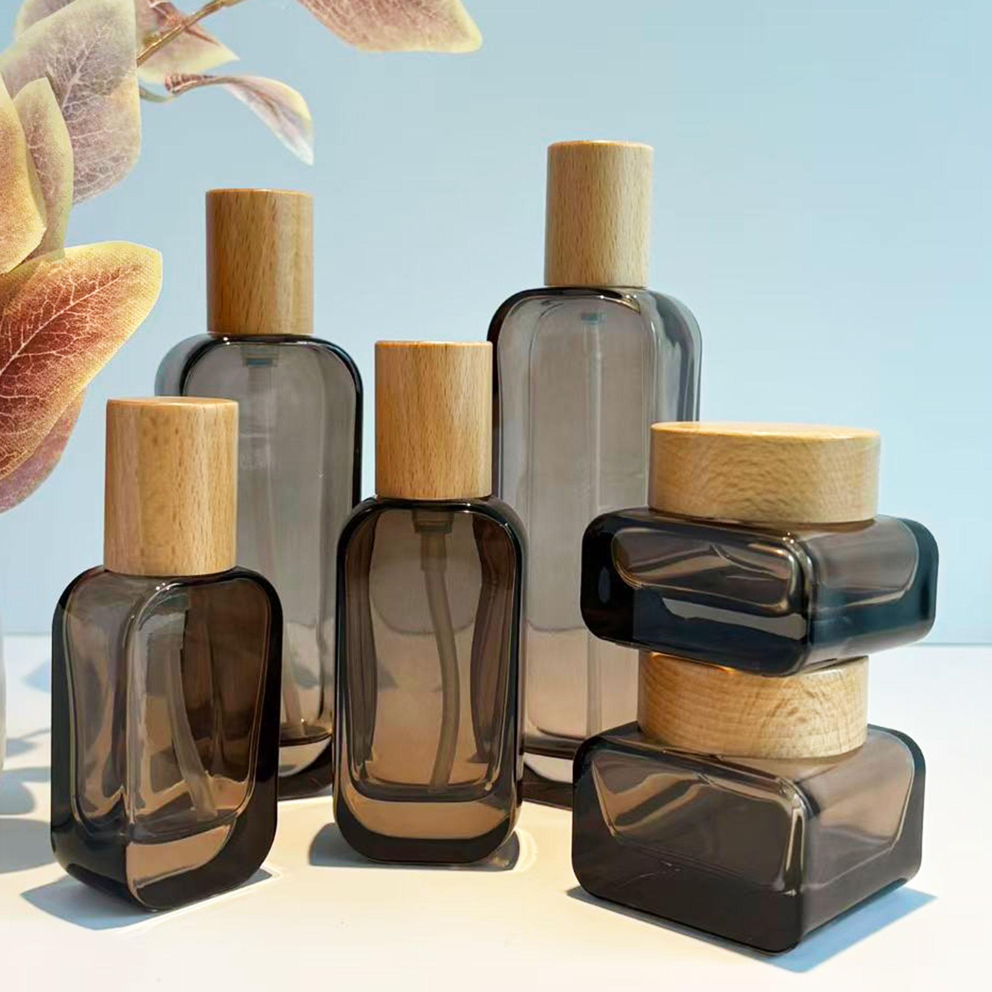 Clear Brown Cosmetic Packaging Set With Natural Wood Cap, Glass ...