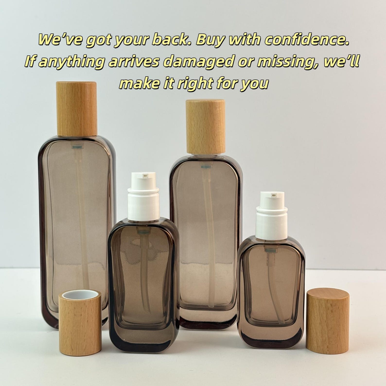 Clear Brown Cosmetic Packaging Set With Natural Wood Cap, Glass ...