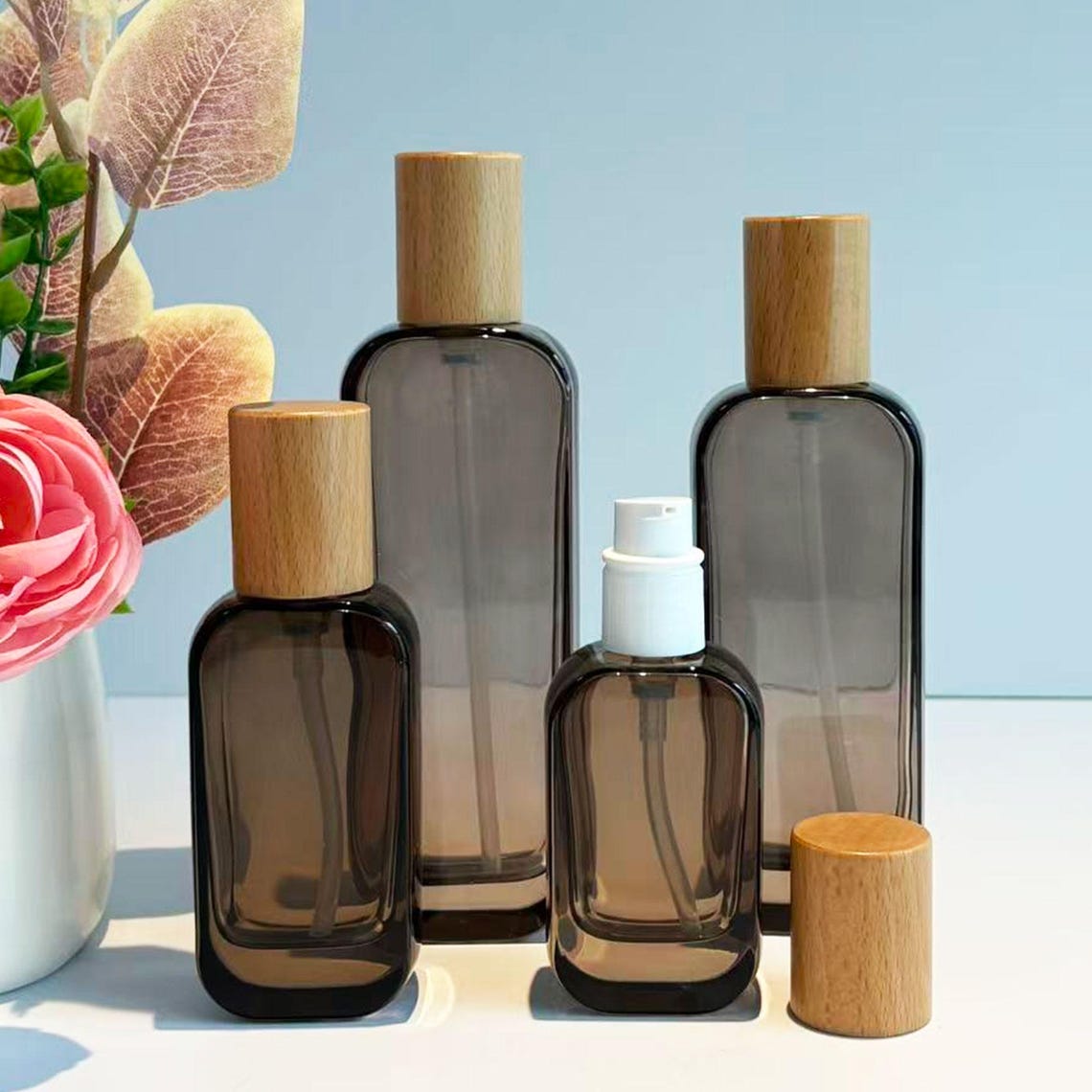 Clear Brown Cosmetic Packaging Set With Natural Wood Cap, Glass ...